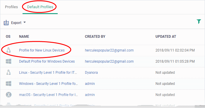 Manage Default Profiles Security Manager Endpoint Manager Comodo
